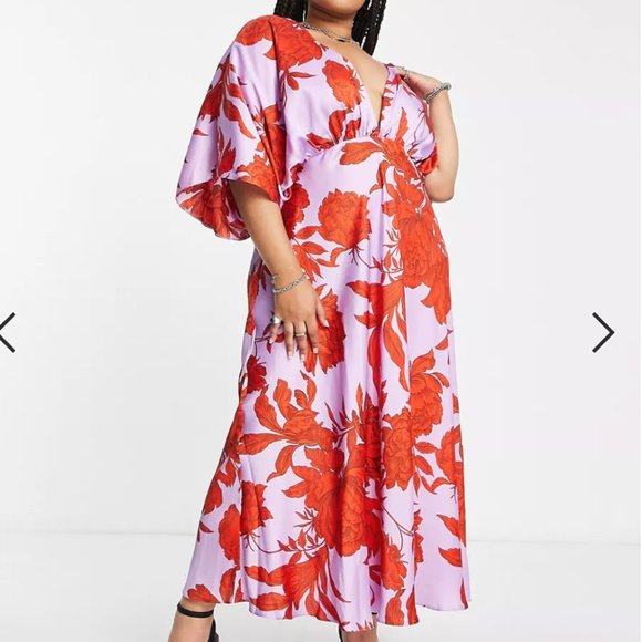 ASOS Curve | Dresses | Nwt Plus Wrap Dress Batwing Sleeve Satin Midi Dress In Red Lilac Floral ...